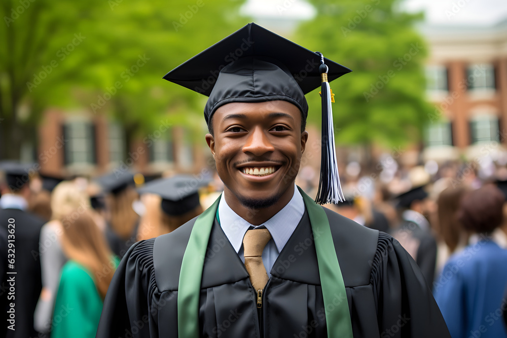 Smiling Hispanic graduate student are outdoors at a graduation ceremony ...