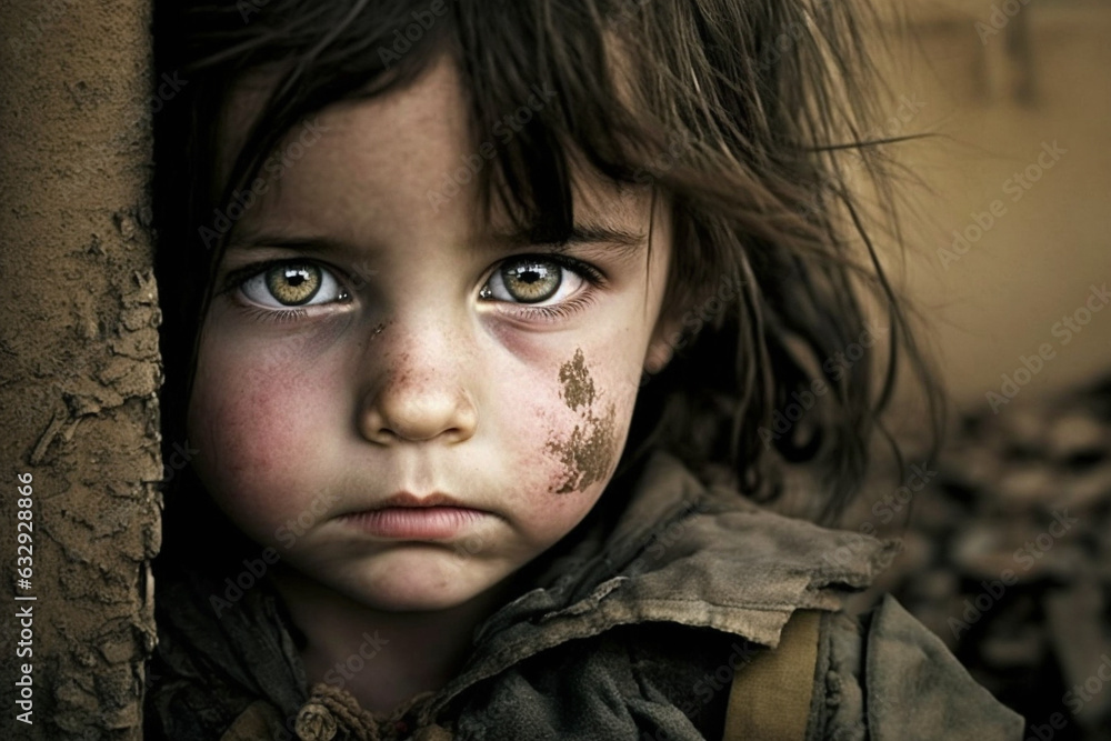 Sad little child girl in a devastated war torn zone or city. Warfare ...