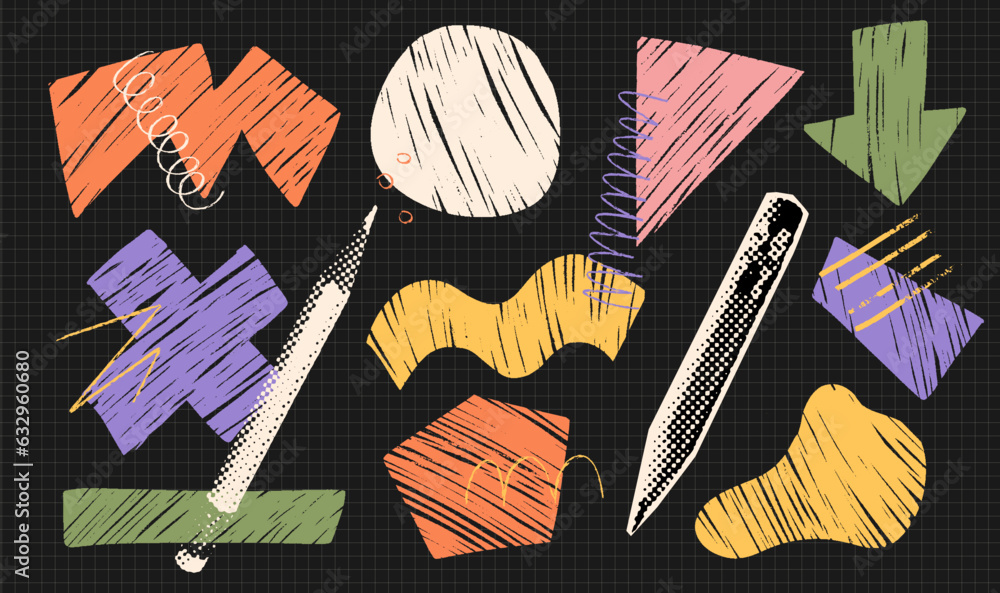 Set of Shapes, geometric shapes and pencil scratches, hatched free hand ...