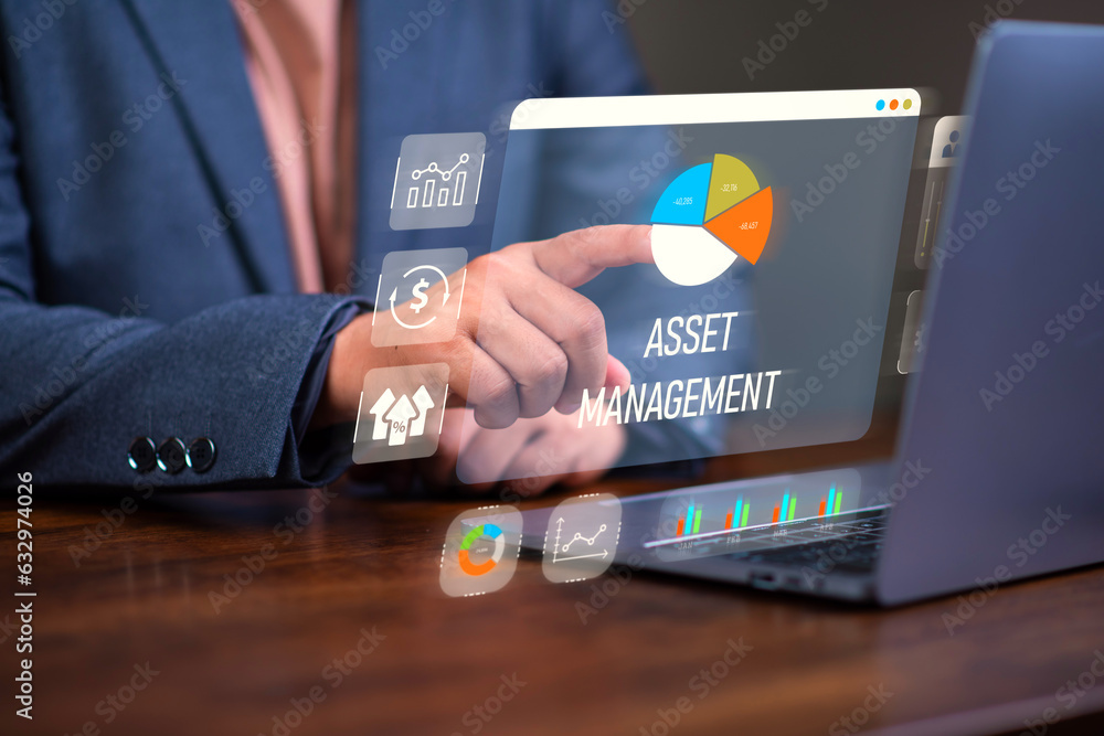 Asset management concept, Man using laptop with word asset management and Icon on virtual ...