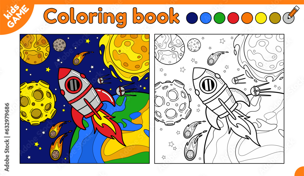 Page of the coloring book for kids. Cartoon flying rocket in space. On ...