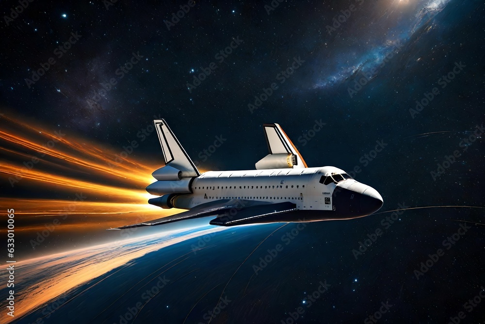 A majestic space shuttle gracefully soars through the vastness of space ...