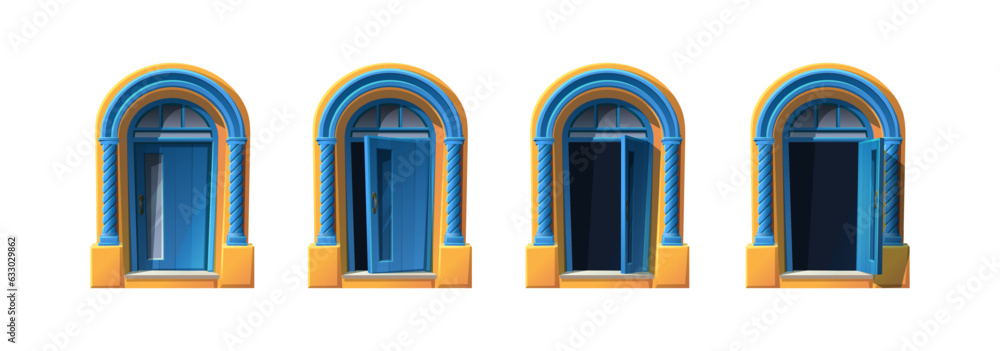 Blue wooden door of old cottage house. Vector cartoon style icon ...