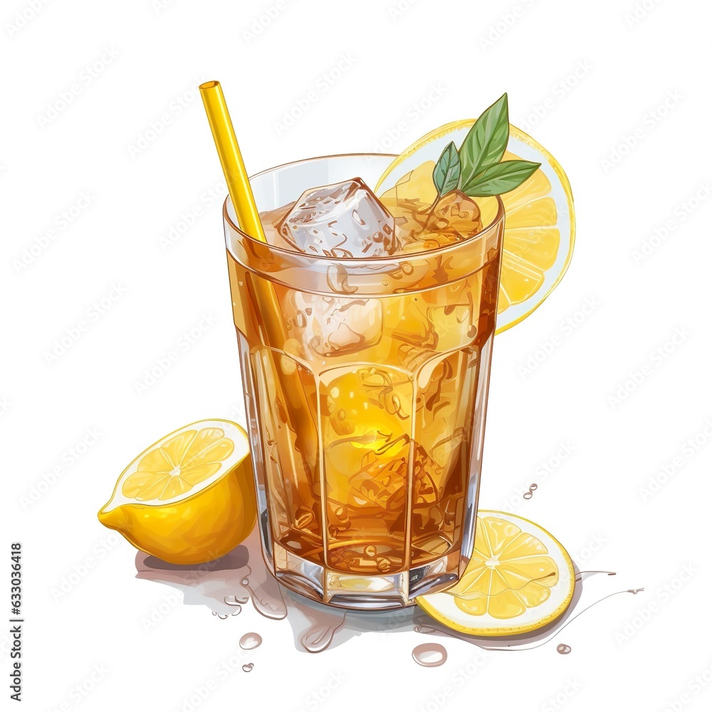 Glass of ice tea with slice of lemon. Watercolor hand drawn ...