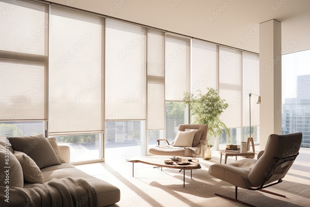 The room features roller blinds as part of the interior design ...