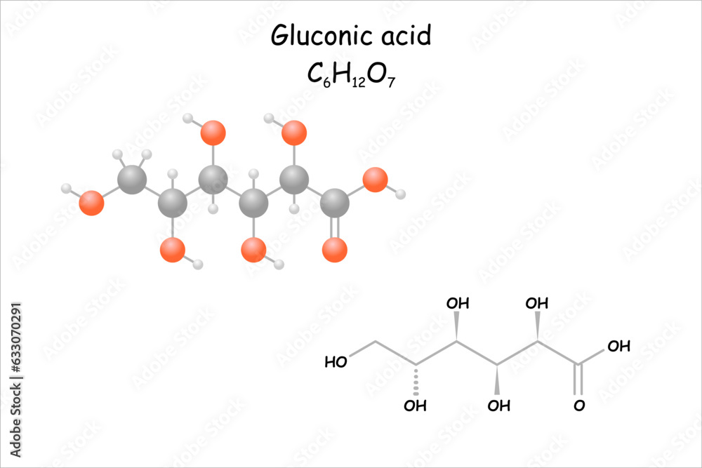 Gluconic acid. Simplified molecule model and structural formula. Occurs ...
