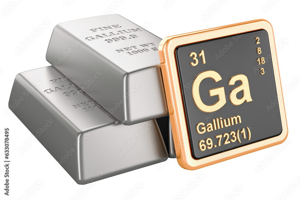 Gallium ingots with chemical element icon Gallium Ga, 3D rendering ...