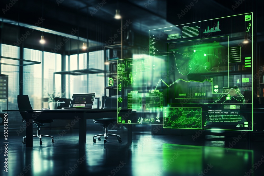 Modern neon cyberpunk open space office interior blurred with information technology overlay ...