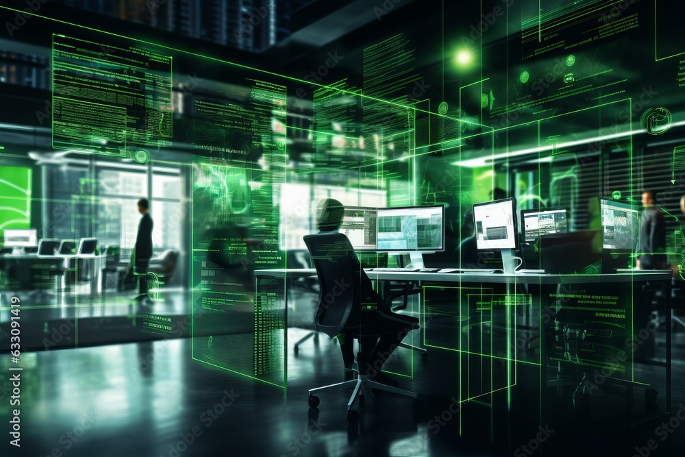 Modern neon cyberpunk open space office interior blurred with ...