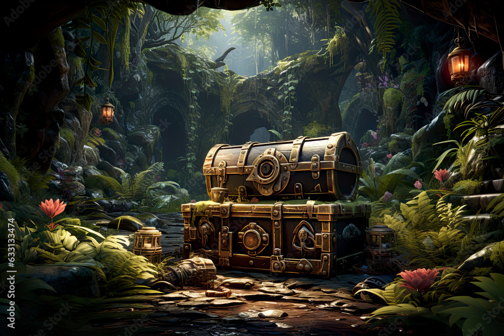 Background environment of hidden treasure chest behind 3D abstract ...