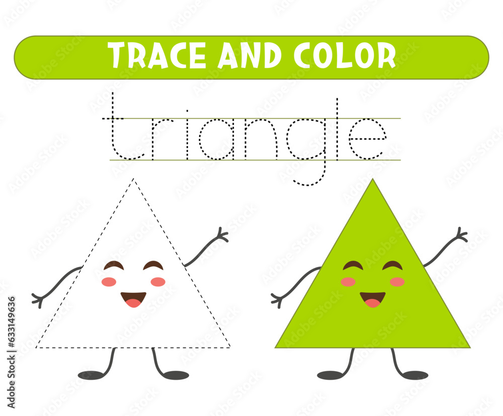 Trace and color cute triangle. Basic geometric shapes. Worksheet for ...