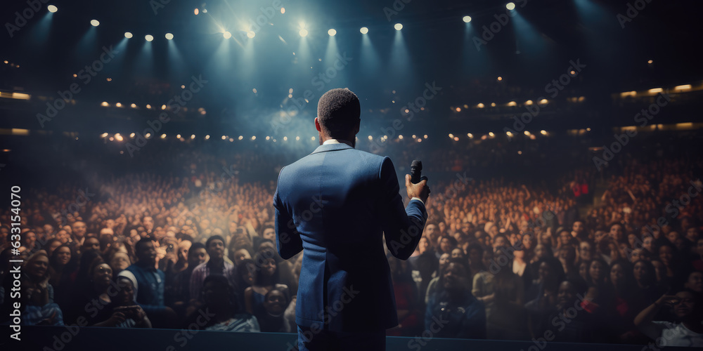 Speaker performing on stage with spotlight talking to many people in ...