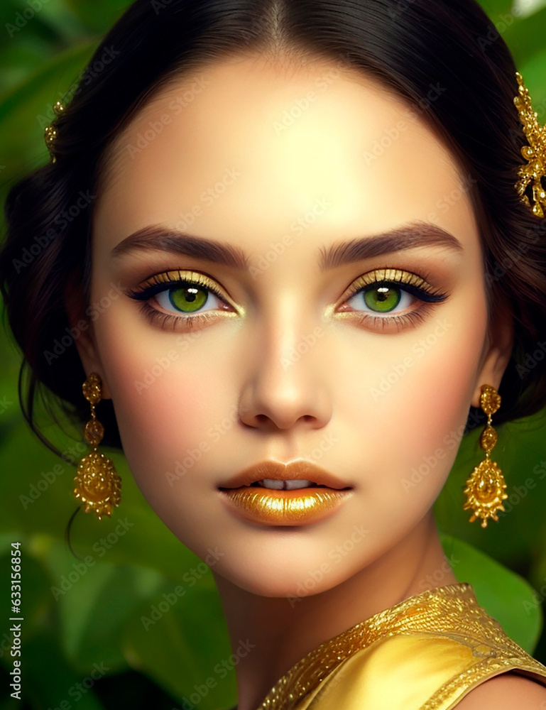 Rostro bella mujer de ojos verdes, cara de modelo con maquillaje ...