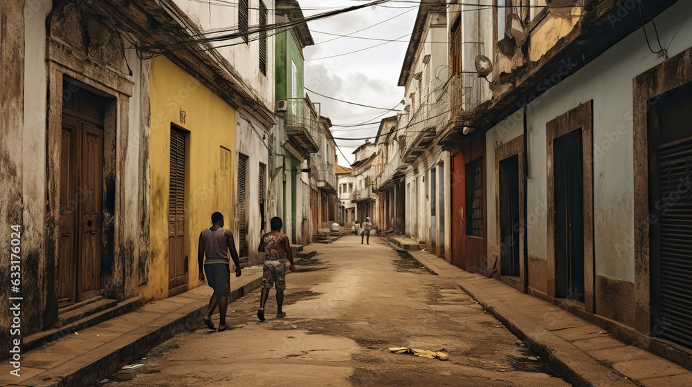 Empty Narrow Street of Brazil. Two Boys Walking On Cloudy Day. Concept ...