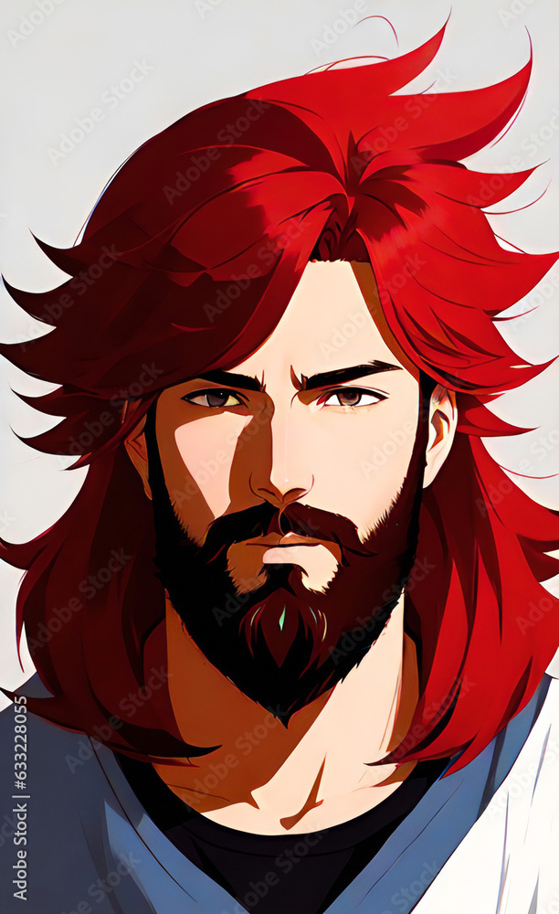Anime male man with red hair and beard. Manga style, anime style ...