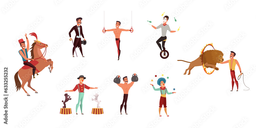 Circus characters set, acrobat and clown, juggler and strongman, tamer ...