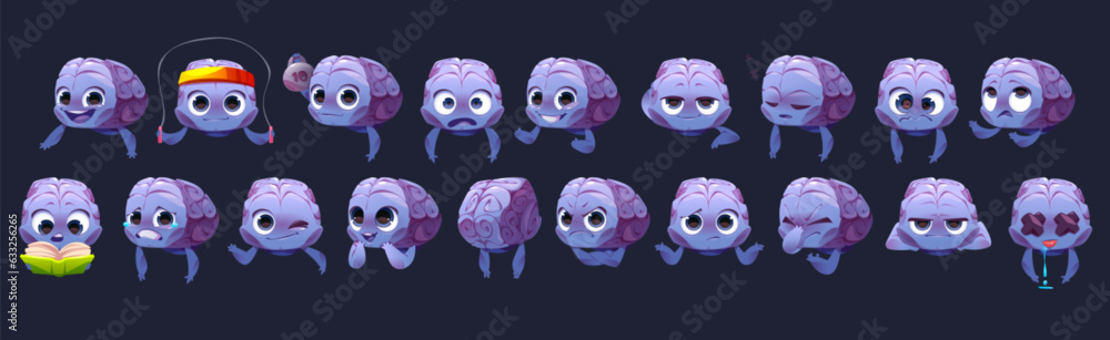 Cartoon set of human brain character with different emotions. Vector ...