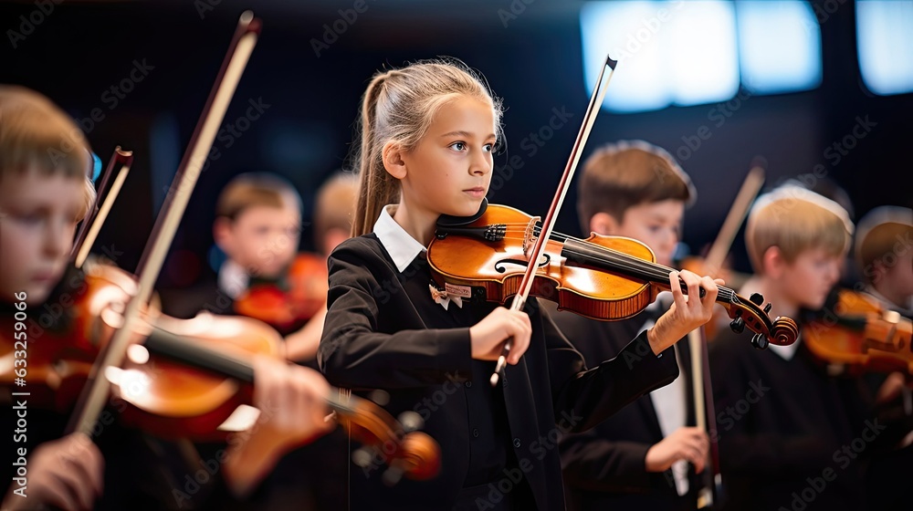 School orchestra takes the stage, their instruments harmonizing to ...