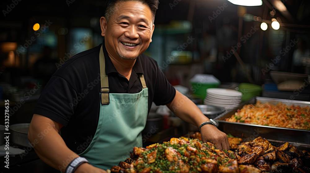 A food vendor stands proudly amidst a bustling street food market, with ...