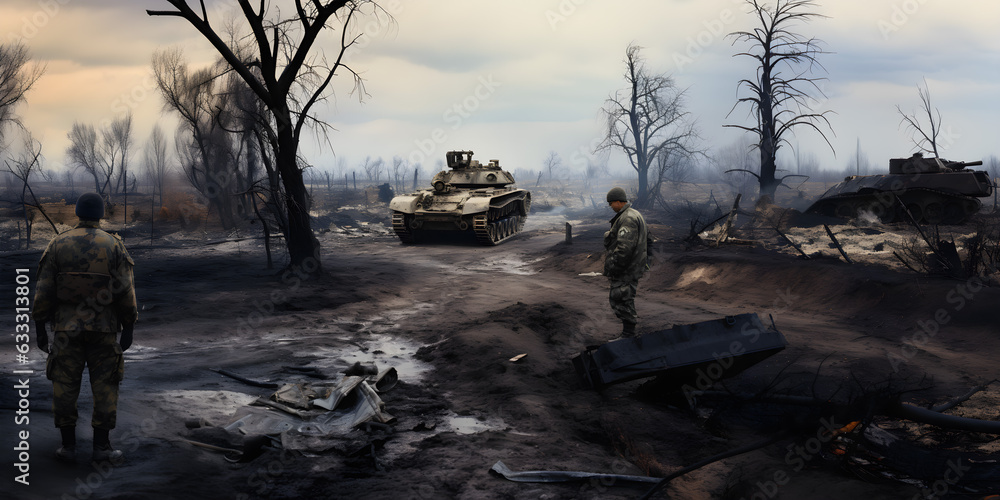 Soldiers in front of a tank destroyed by bombs. World war, war conflict ...