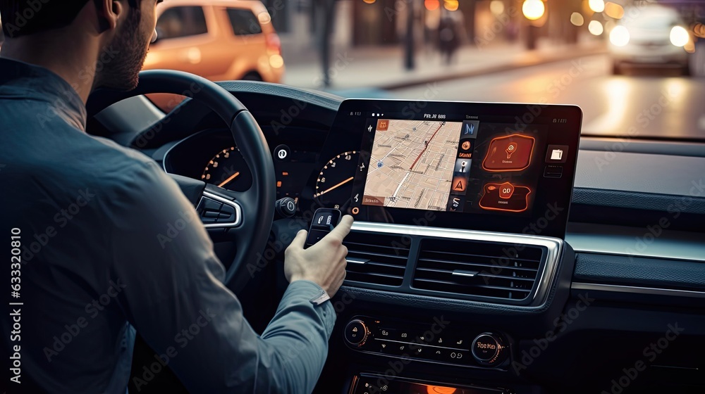 Driver setting up the GPS for voice-guided directions, ensuring ...