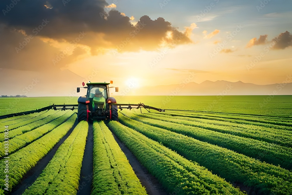 Tractor spraying pesticides fertilizer on soybean crops farm field in ...