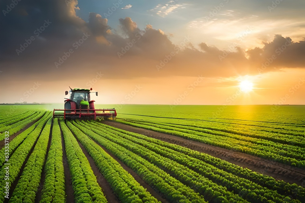 Tractor spraying pesticides fertilizer on soybean crops farm field in ...
