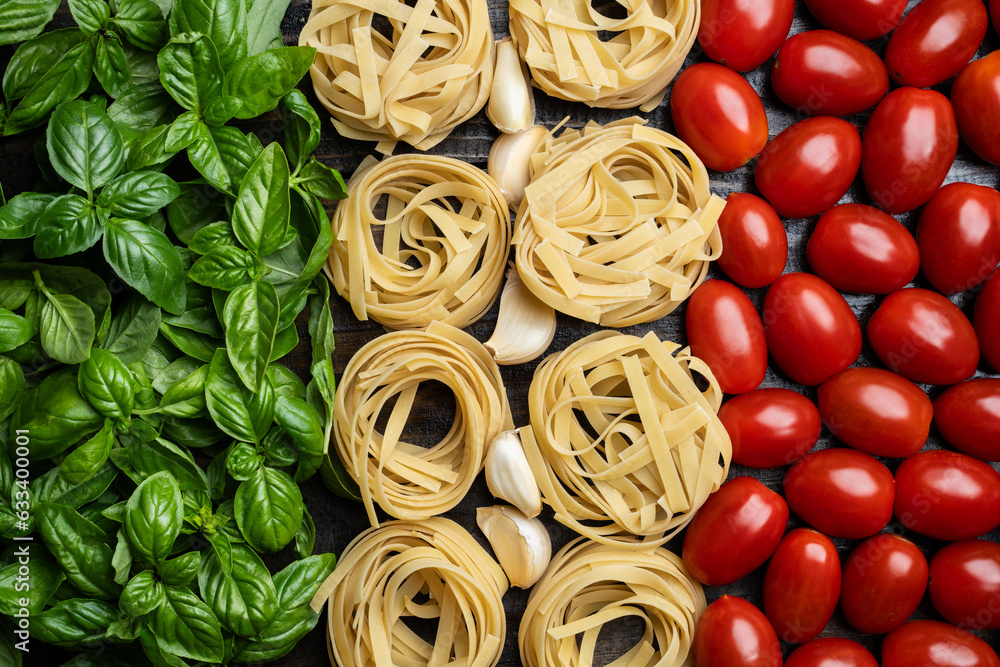 Flag of Italy made of fresh italian cuisine ingredients, basil leaves ...