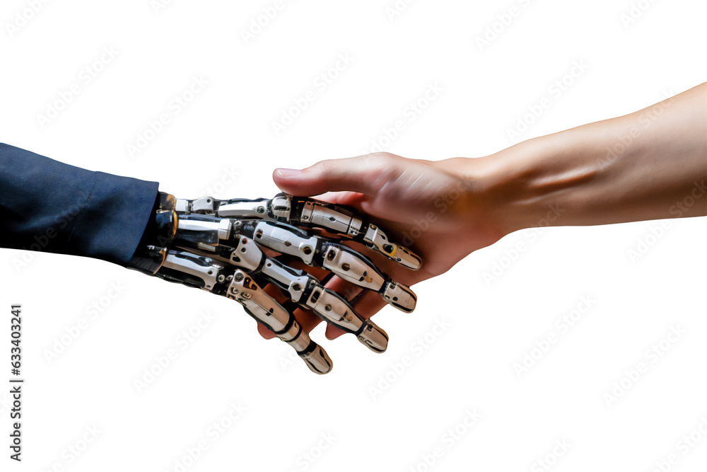 Handshake. Technology meets humanity. Robot hand shaking human hand ...