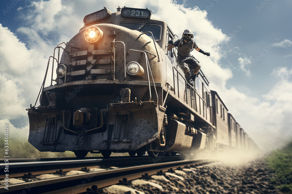 Action shot with man jumping off the train. Dynamic scene with railway ...