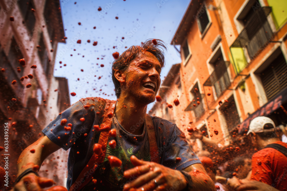 People enjoy the unique atmosphere La Tomatina festival. Young people ...