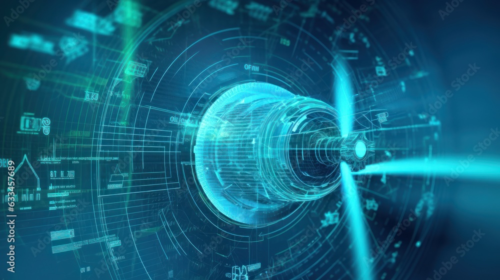 Graphic image of rotating wind generator and diagram of energy ...