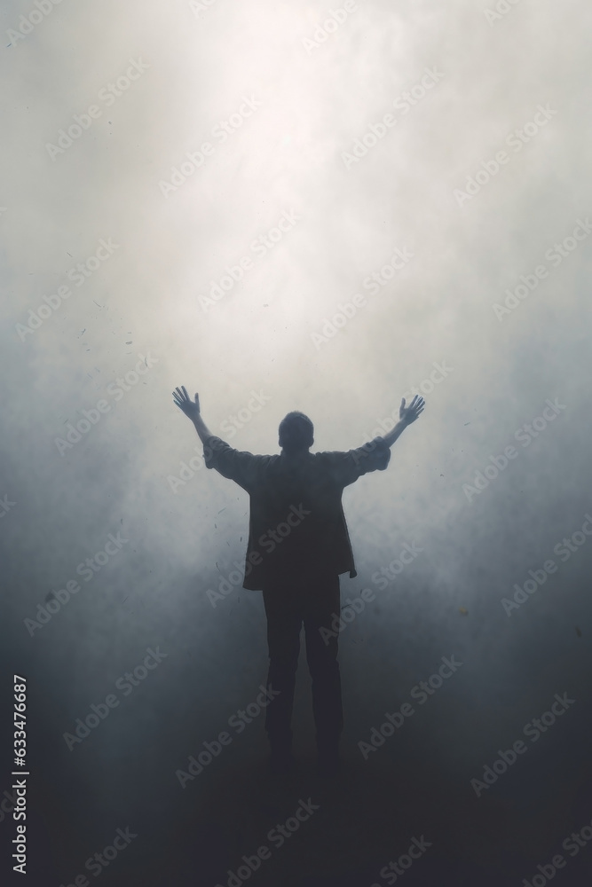 man praying with his arms raised. silhouette. religious concept. asking ...