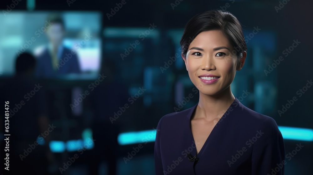 Female Asian TV presenter; digital anchor in studio, focusing on ...