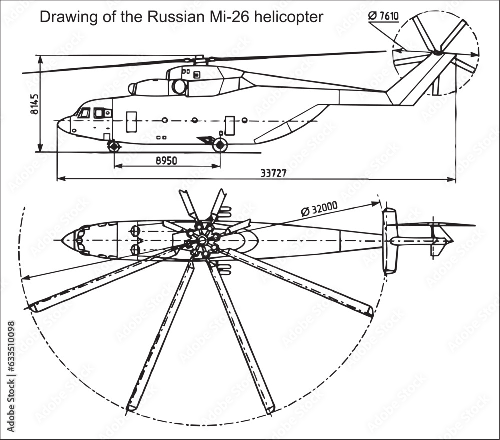 Vector drawing of the russian mi-26 helicopter. General view. Top, side ...