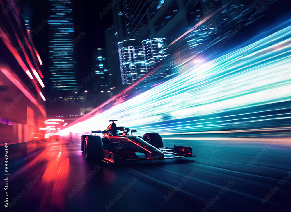 Colourful neon race car on the race track, Formula 1 at night competing ...