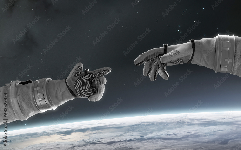 3D illustration of astronauts touch each other's hands. 5K realistic ...