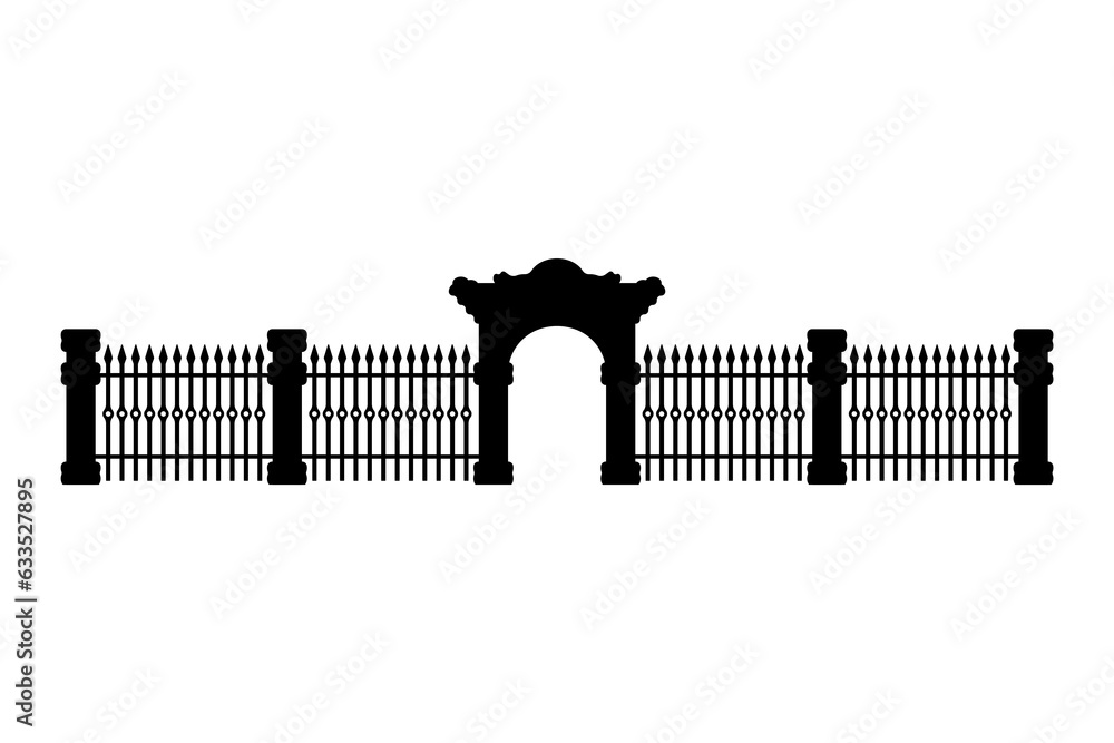 Arch on columns and fence icon. Black silhouette. Horizontal front view ...