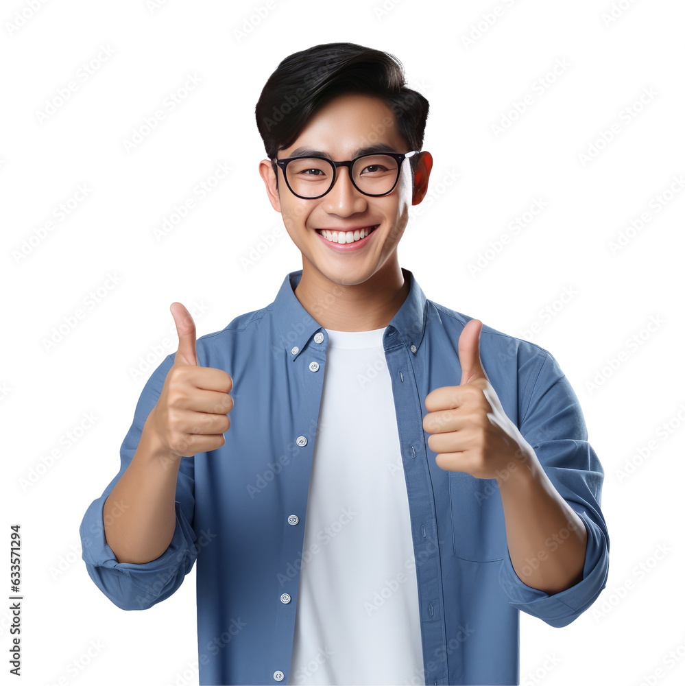 Young handsome asian man happy face smiling thumbs up, isolated on ...