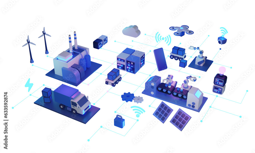 Industrial IoT 3D illustration concept.Connecting machines, sensors, and devices Stock ...