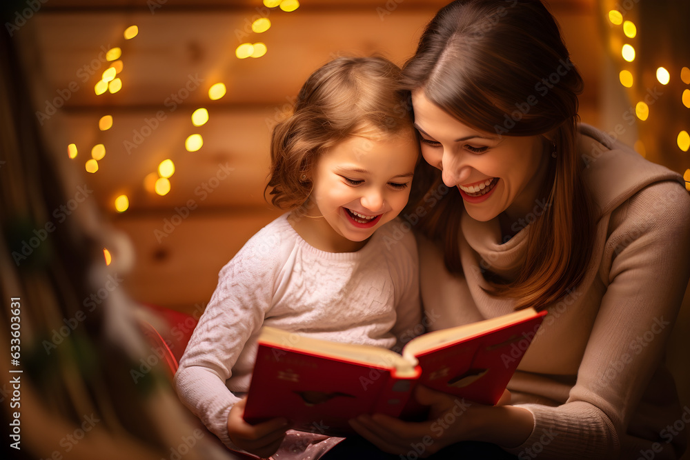 Preschool age girl laughs happily while sitting with her mother reading ...