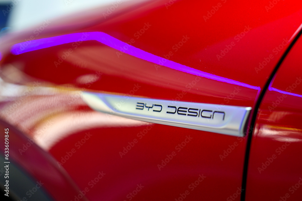 PENANG, MALAYSIA - 30 JULY 2023: Car logo of a BYD Design Build Your ...
