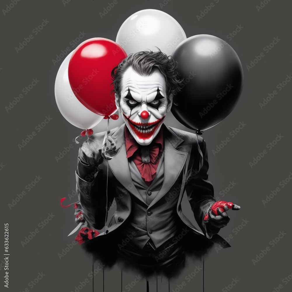 Artwork of a scary joker with balloons . Good for print shit ,t-shirt ...