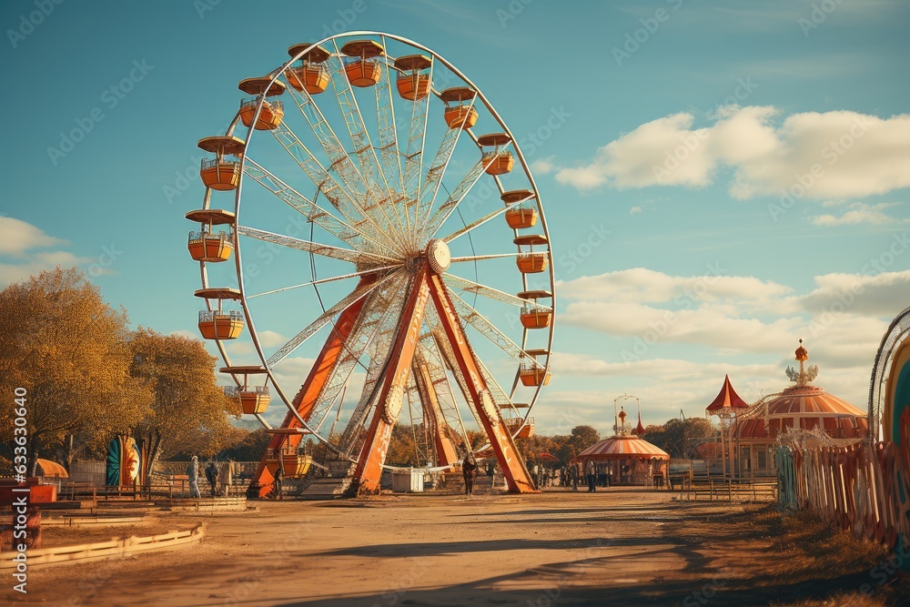Colorful ferris wheel of the amusement park in the blue sky background ...