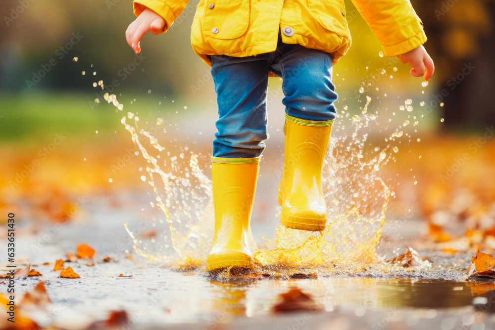 Feet of child in yellow rubber boots jumping over puddles in rain ...