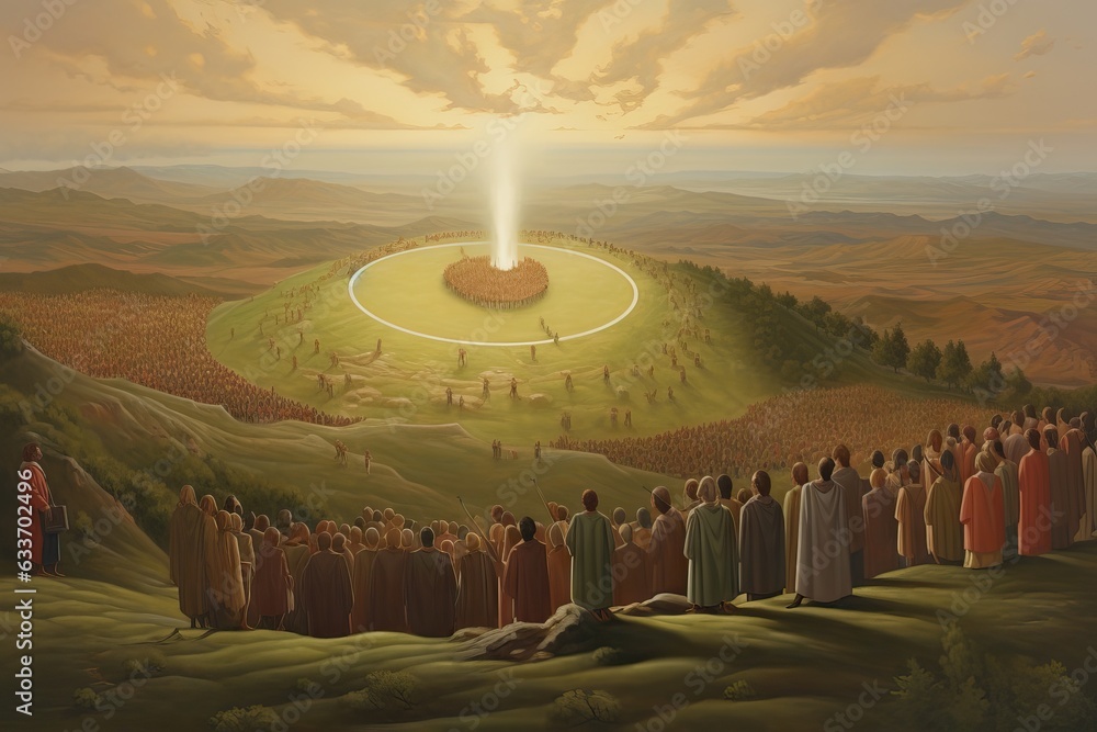 ภาพถ่าย Stock Elevated Insight: Figure Addressing a Gathering on a Hill ...