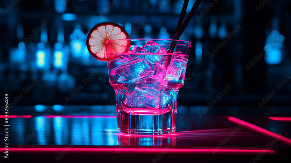 Colorful cocktails in a glass on the bar counter, neon lights on dark ...