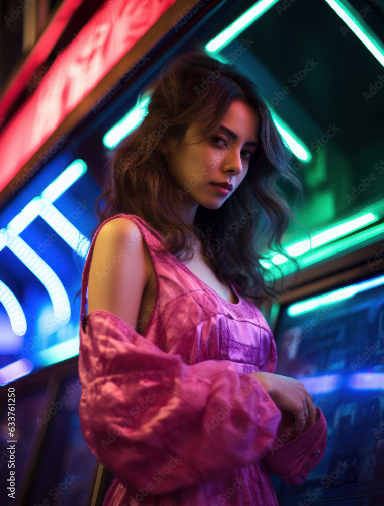 Enthusiastic, beautiful, attractive-looking girl poses in the dark ...