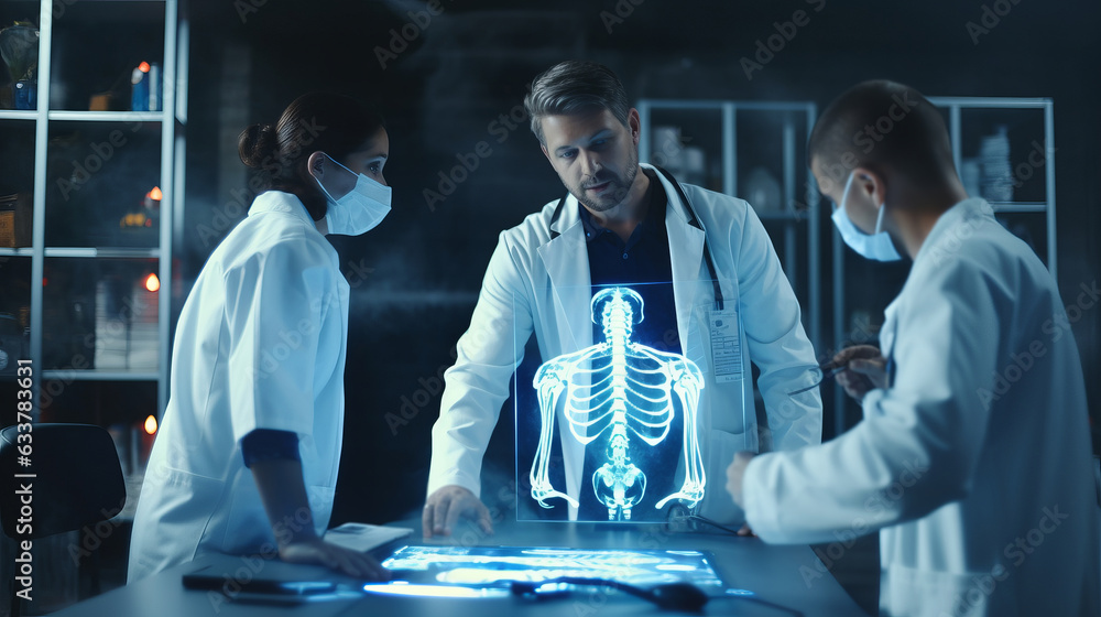 Equipe of doctors using holographic technology to make a diagnosis ...
