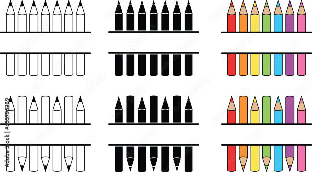 School Colored Pencil Label Clipart Set - Outline, Silhouette and Color ...